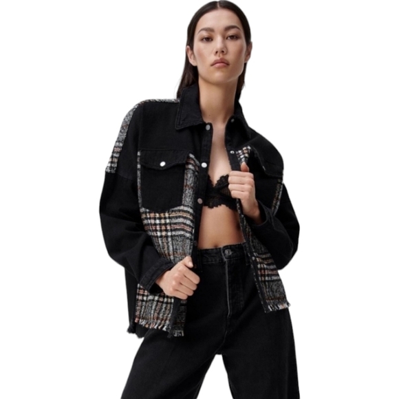 Zara | Jackets & Coats | Zara Tweed Denim Black Snap Button Shacket ...